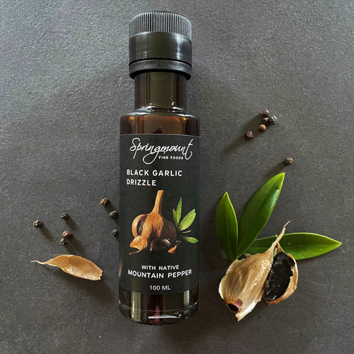 Black Garlic Drizzle with Native Mountain Pepper | springmountfinefoods