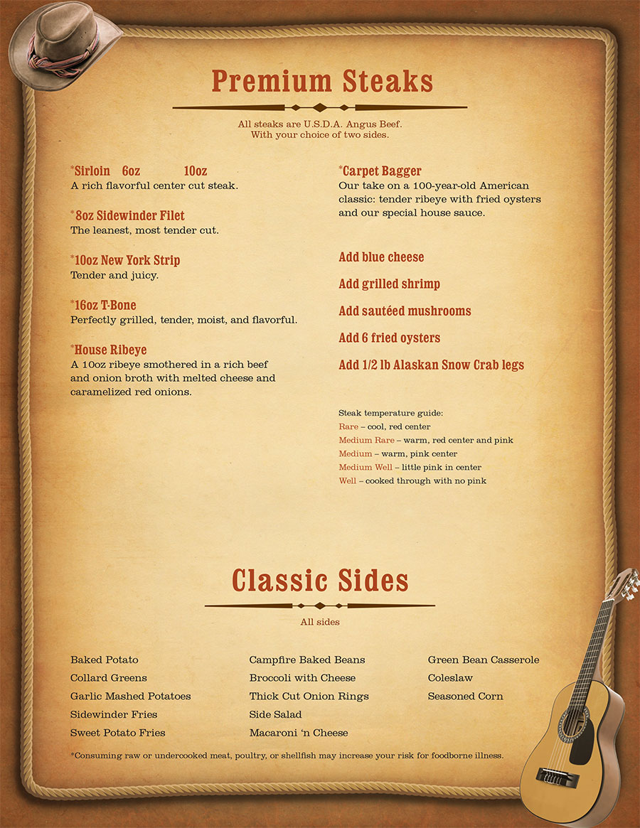 Sidewinders Steakhouse and Saloon | Menu