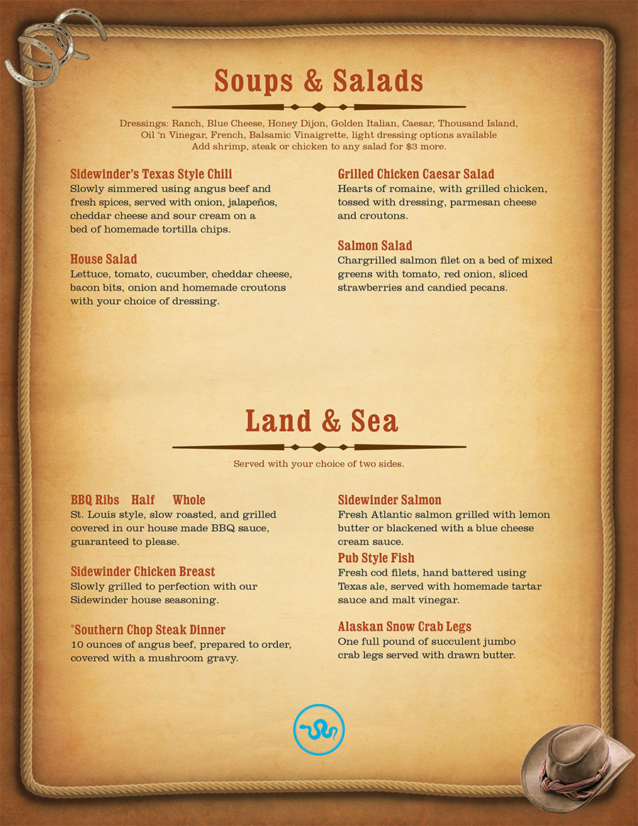 Sidewinders Steakhouse and Saloon | Menu