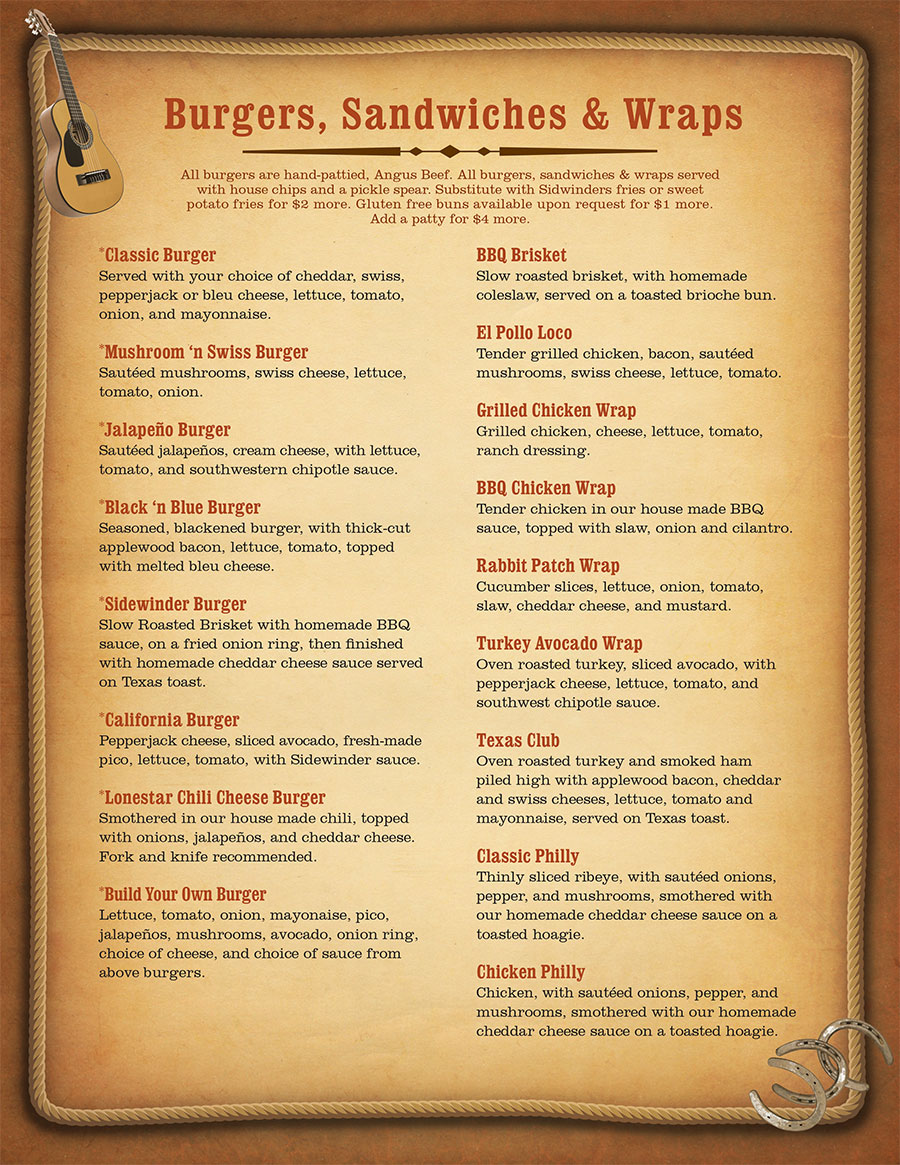Sidewinders Steakhouse And Saloon Menu