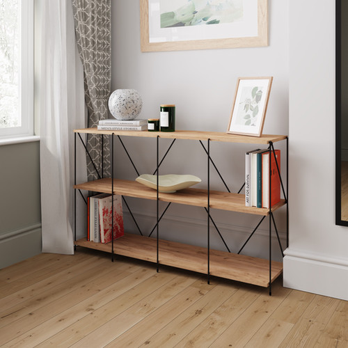 2-Tier Low Wide Metal Frame Shelf Unit Wotan Oak Wood Effect | Moda@Home