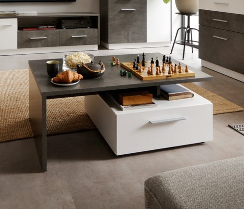 Zarah 2 Drawer Coffee Table in White and Dark Concrete Effect | Moda@Home