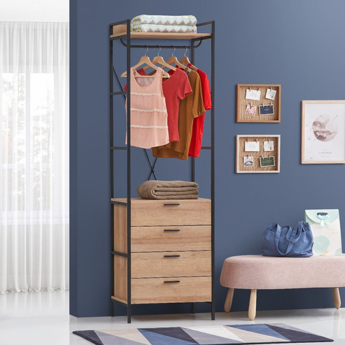 Industrial Open Wardrobe Unit Clothes Rack with 4 Drawers in Oak Effect ...