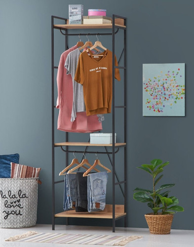 Industrial Narrow Open Wardrobe Unit Clothes Rack with Shelves in Oak ...