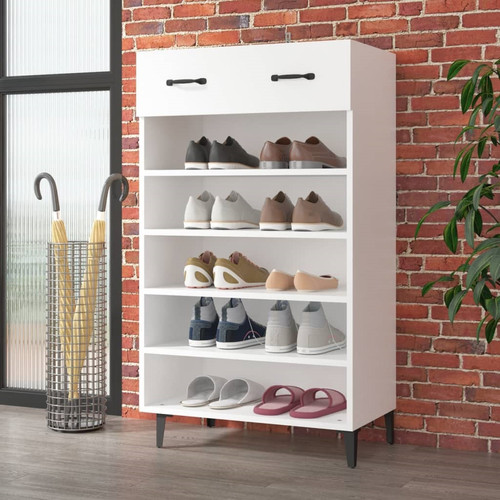 White Shoe Shelf with Drawer on Black Metal Legs | Shoe Storage | Moda@Home