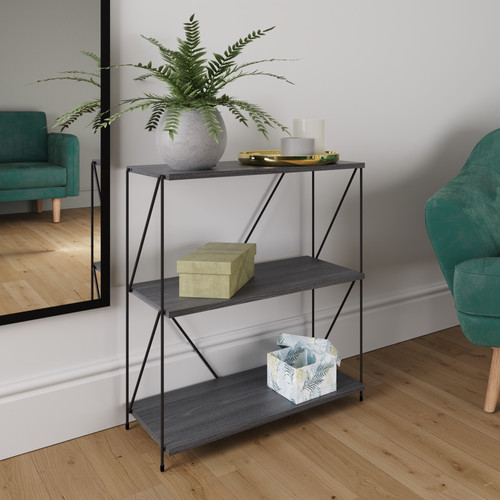 2-Tier Low Metal Frame Shelf Unit Grey Wood Effect | Moda@Home