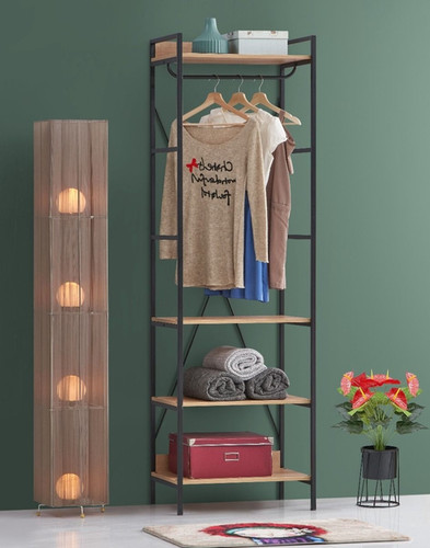 Industrial Narrow Open Wardrobe Unit Clothes Rack with 4 Shelves in Oak ...
