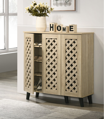 Oak Shoe Storage Cabinet with 3 Diamond Trellis Panel Doors and Black ...