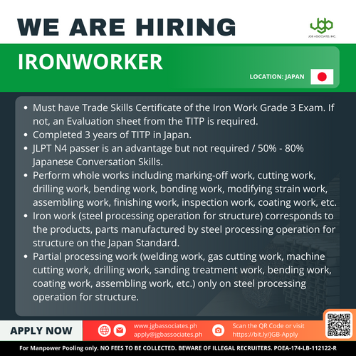 JAPAN HIRING - Machine Operators, Welders, and Ironworkers