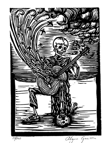Guitar player skeleton linocut | Red Hydrant Press