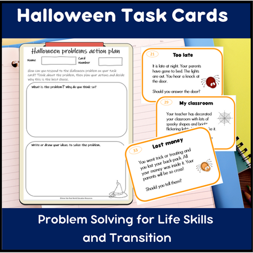 Halloween problem solving task cards for life skills | Anne Vize Writing
