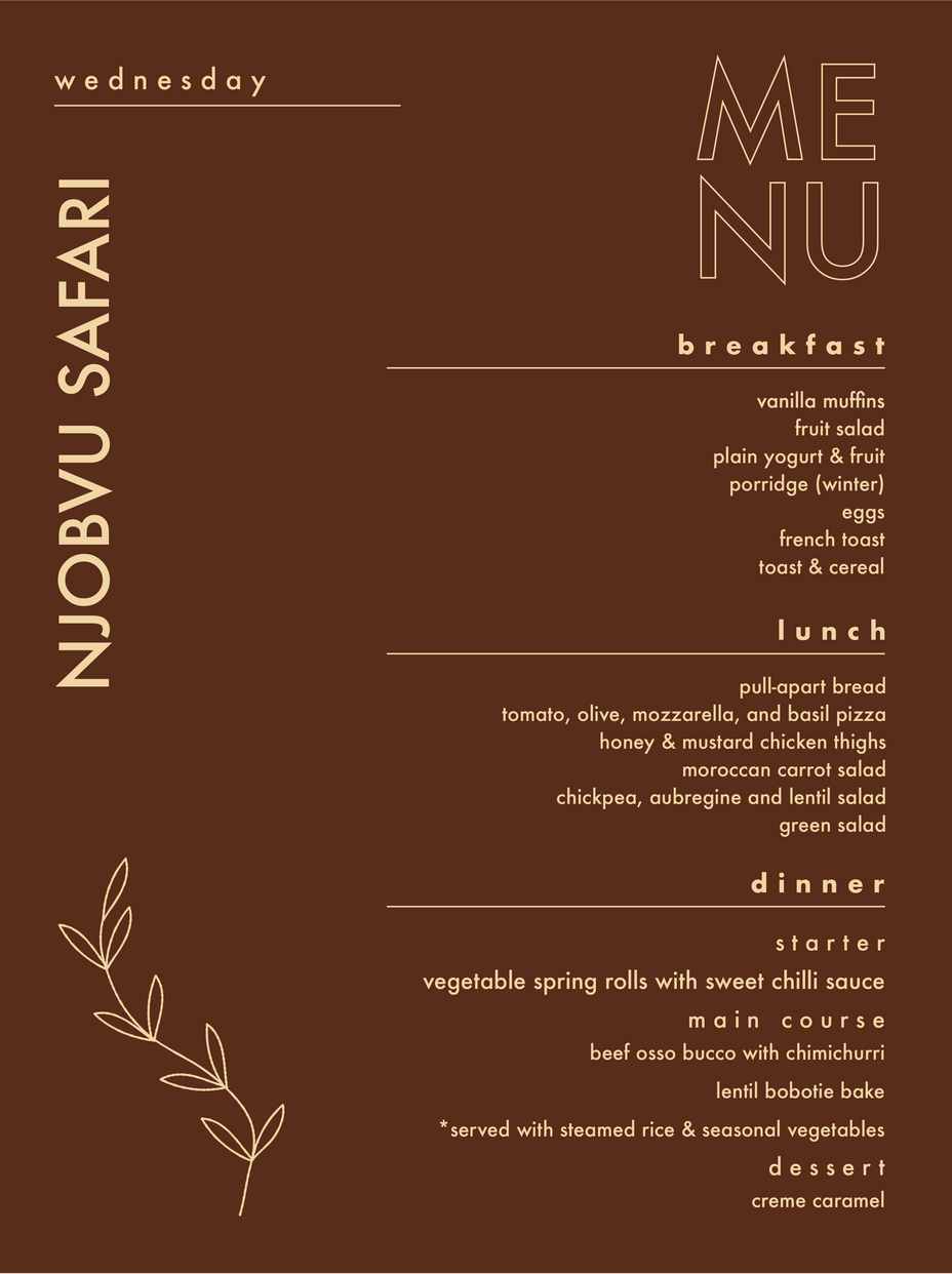 SAMPLE MENUS | Njobvu Safari