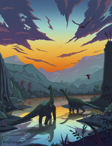 Jurassic Sunset Dinosaur Art Print | wootusart