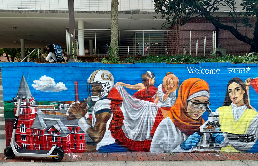 Murals welcoming Georgia Tech students in front of Skiles Building