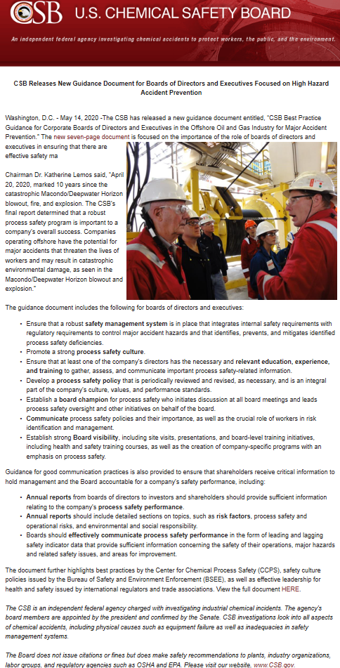 CSB Guidance Document for Boards of Directors and Executives