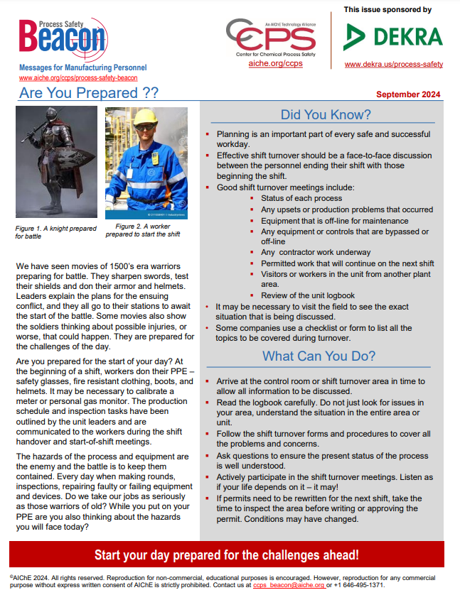 CCPS Process Safety Beacon for September - Are You Prepared??
