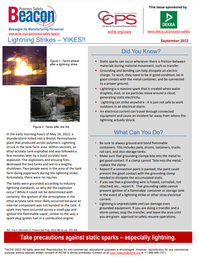 September 2022 CCPS Process Safety Beacon - "Lightning Strikes - YIKES!!"