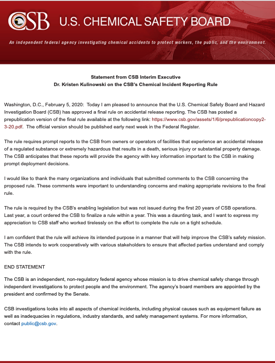 Statement from CSB on the Chemical Incident Reporting Rule