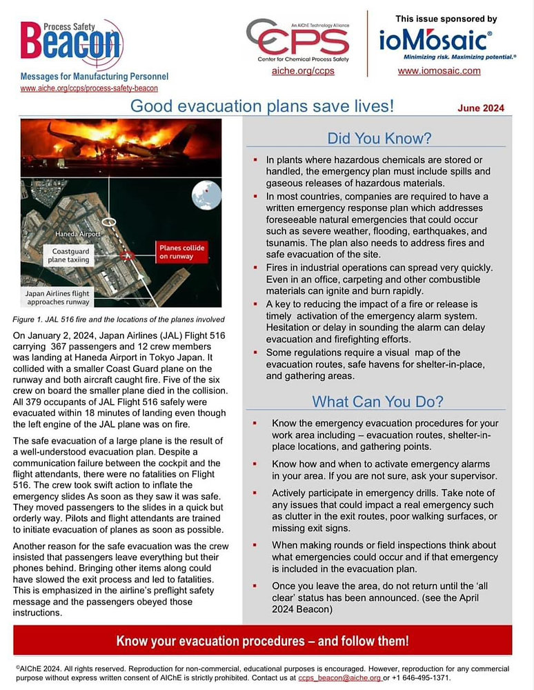 June’s CCPS Process Safety Beacon - Good Evacuation Plans Save Lives!