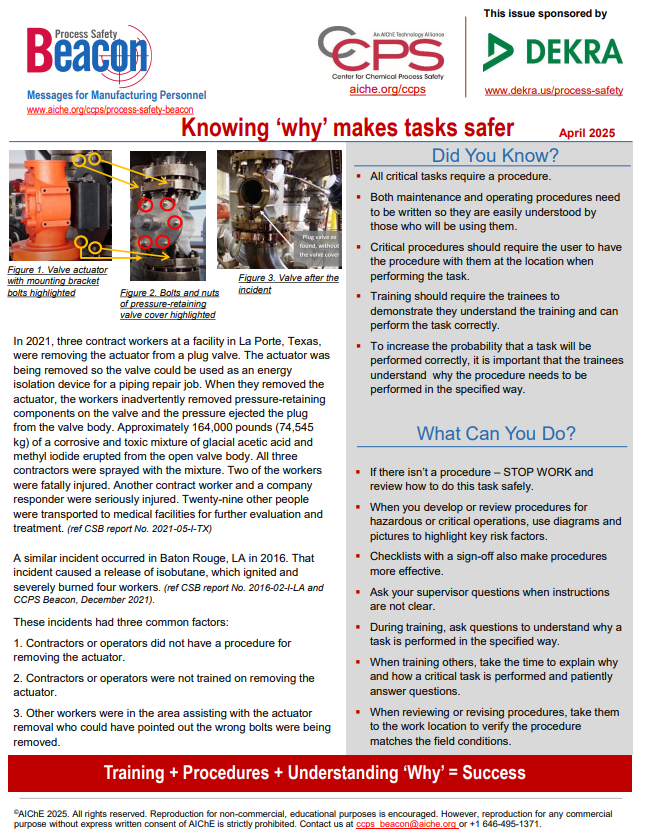Check out the Process Safety Beacon for April - Knowing ‘why’ makes ...