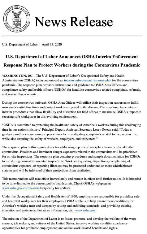 OSHA Interim Enforcement Response Plan to Protect Workers