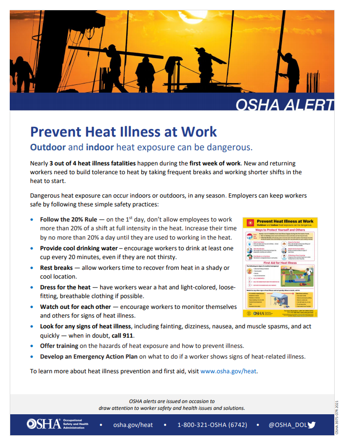 OSHA Press Release and Alert: Prevent Heat Illness at Work
