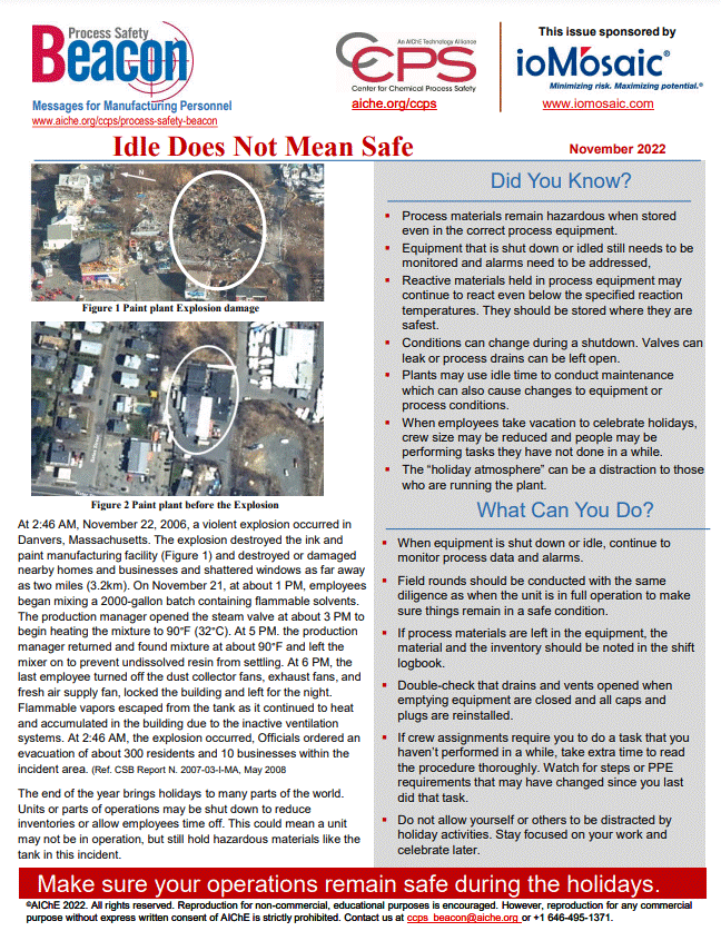 November 2022 CCPS Process Safety Beacon - Idle Does Not Mean Safe