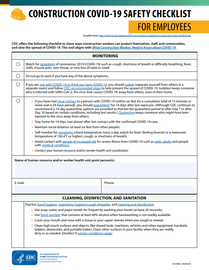 Updated CDC Construction COVID-19 Checklists