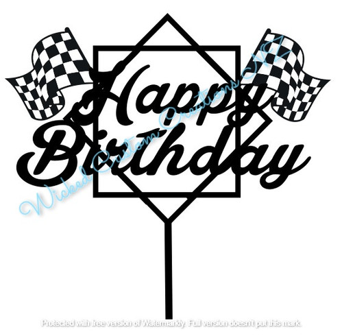 Engraved Chequered Flags Happy Birthday cake topper | Wicked Custom ...