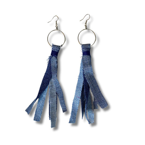 Upcycled Denim Scrap Circle Silver Hoop Earrings | Tailor Sallee