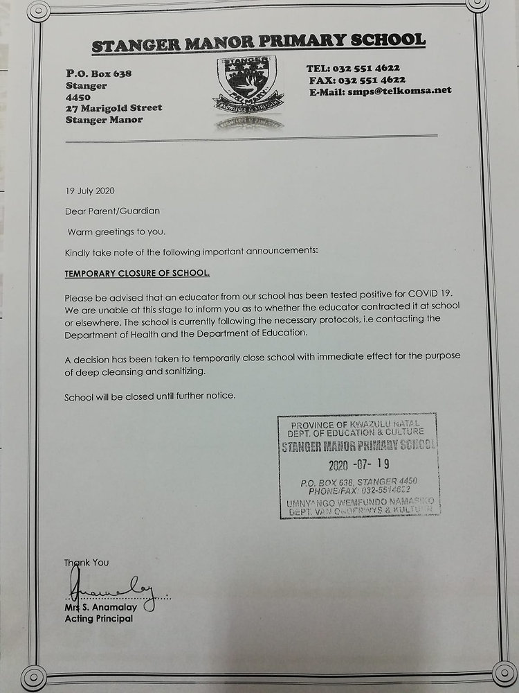 Notice of School Closure: Stanger Monor Primary School closes until ...