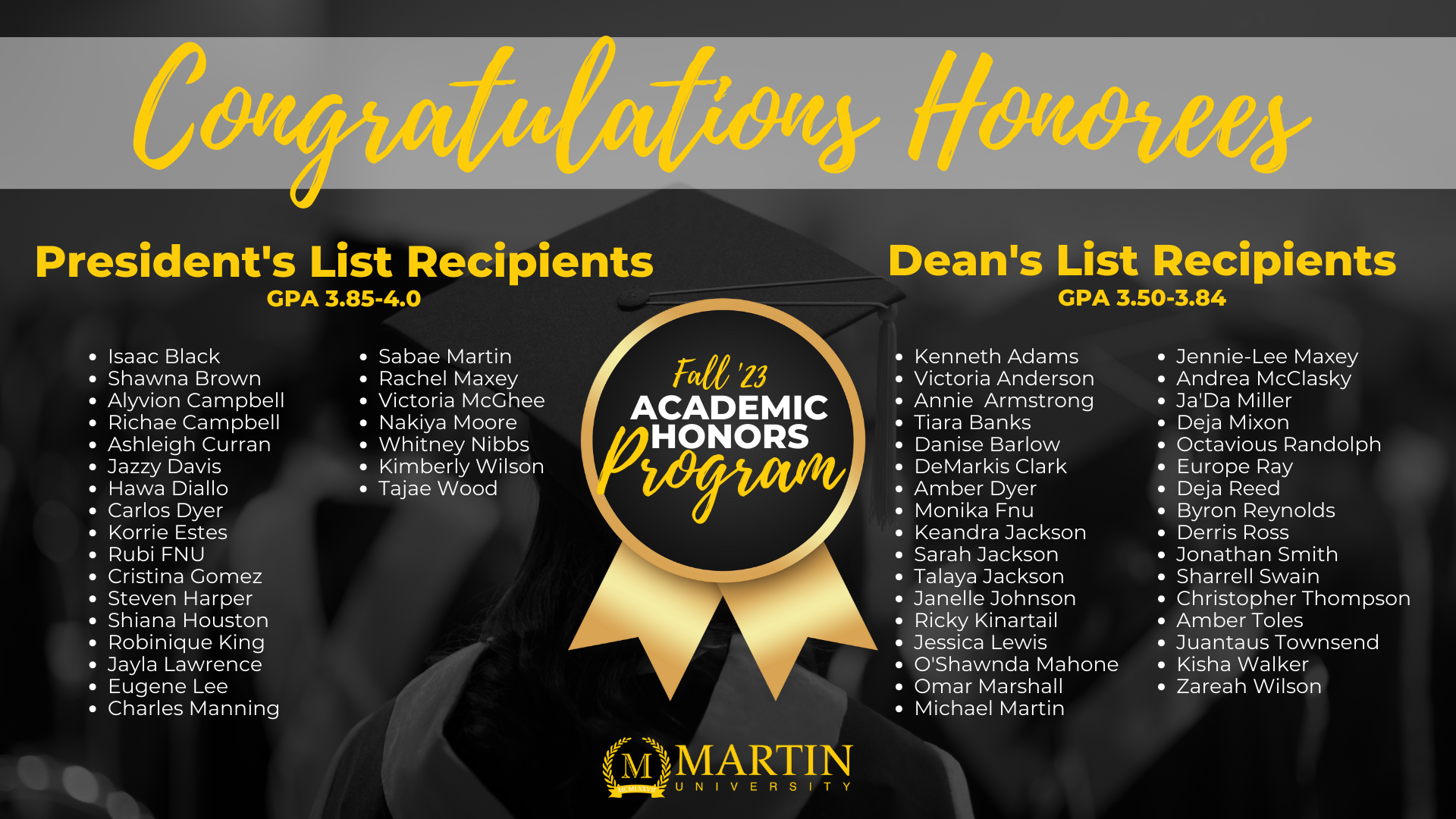 Martin University Recognizes 58 Academic Honor Students