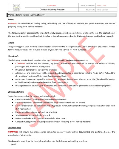 Vehicle Safety Policy (Driving Safely) - Canada Best Practice | Quick ...