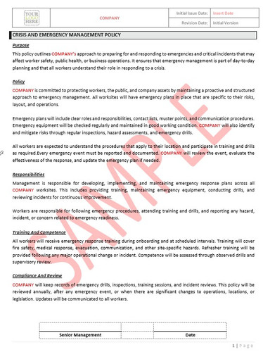 Crisis and Emergency Management Policy Template | On-Track Safety