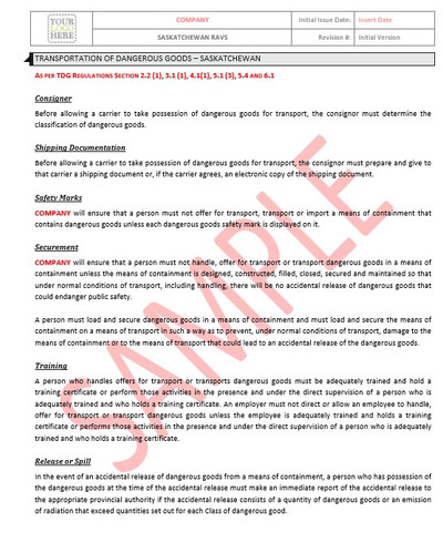 Transportation of Dangerous Goods (TDG) - Saskatchewan RAVS | Quick Safety