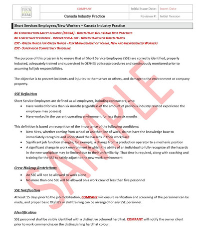 Short Service Employees and New Workers - Canada Industry Practice ...