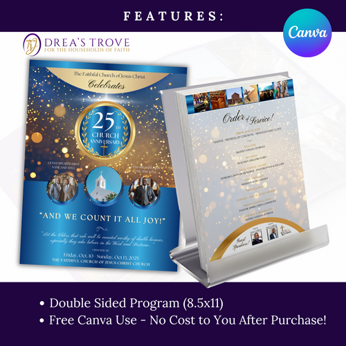 Blue Gold Double Sided Church Program | Drea's Design Trove
