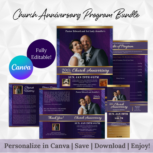 Purple & Gold Church Anniversary Program Bundle | Drea's Design Trove