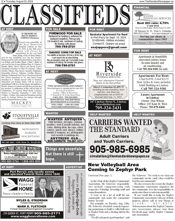 Standard classifieds for the week of August 22