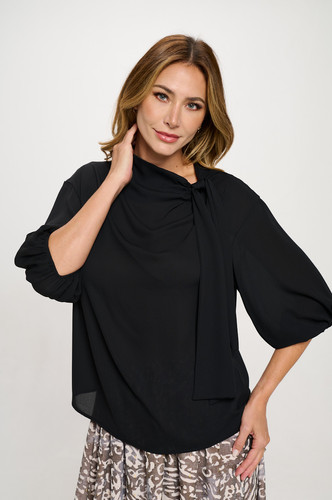 Solid Sheer 3/4 Sleeve with Scarf Detail | Reneecollection