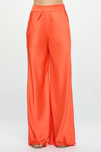 Stretch Satin Pants w/ Elastic Waist and Pockets | Reneecollection