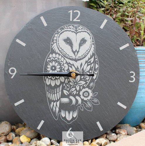 Engraved Gifts | 'Owl' Engraved Welsh Slate Clock | Raven Eve Designs ...