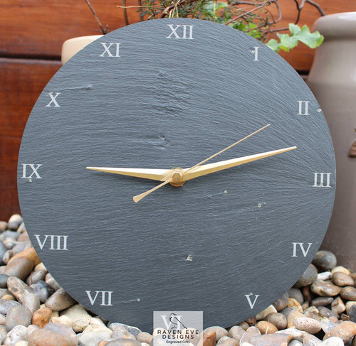 Engraved Gifts | 'Roman Numerals' Engraved Welsh Slate Clock | Raven ...