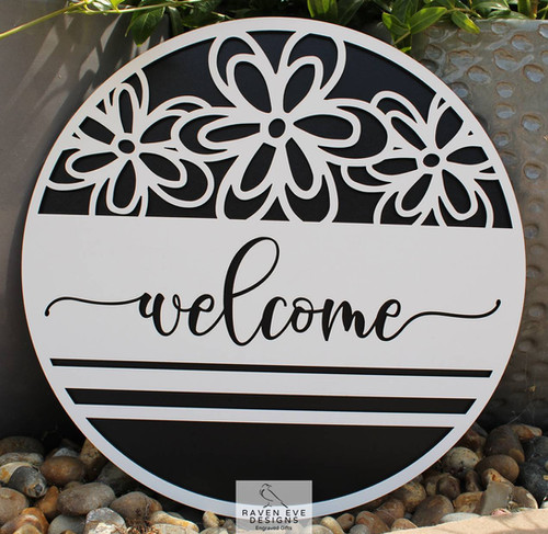 Engraved Gifts | 'Welcome' Floral Black & White Door Sign | Raven Eve ...
