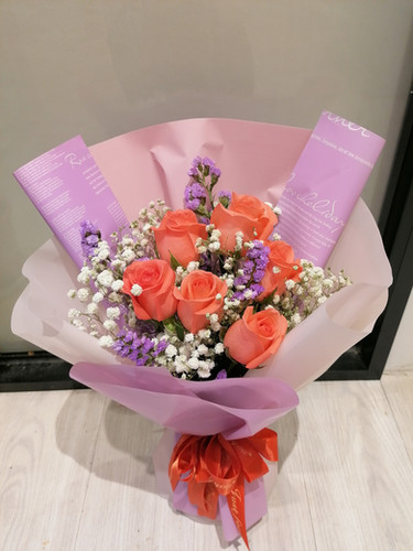 BR-103 6支橙色玫瑰白滿天星花束 | nsflower