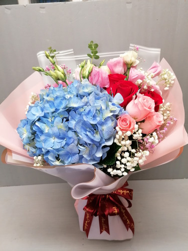 BH-020 藍綉球紅/粉紅雙色玫瑰花束 | nsflower