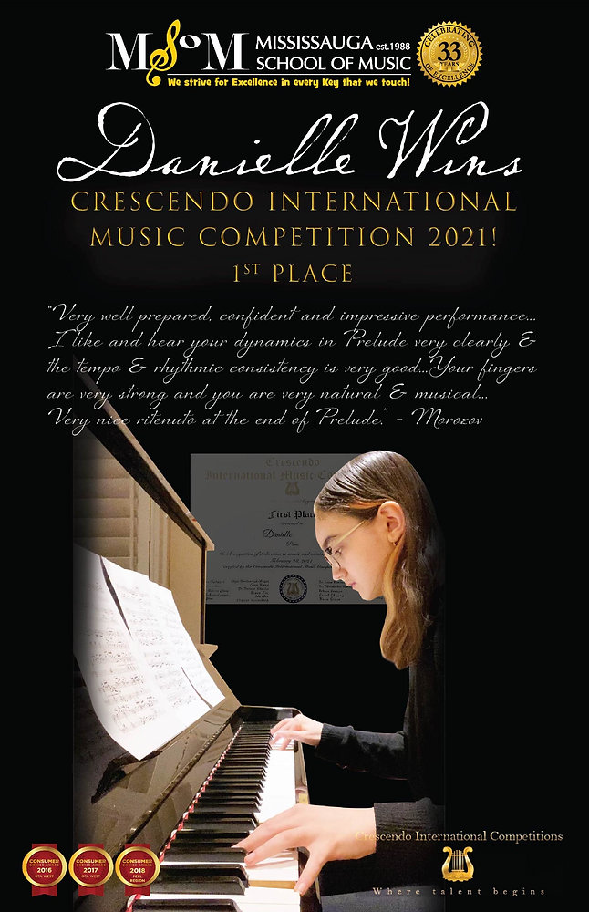 Danielle Wins Crescendo International Music Competition 2021