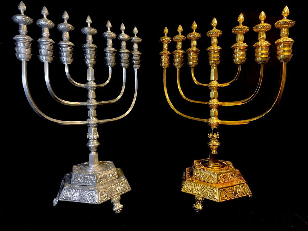 Gold metal 7 Branch Temple Menorah 64" tall, brilliant gold, replica ...