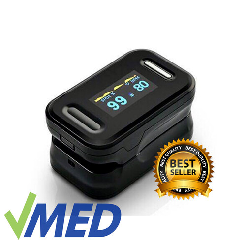 Pulse Oximeter w/ Silicone Case, Pouch and Lanyard BLACK | VMed Medical