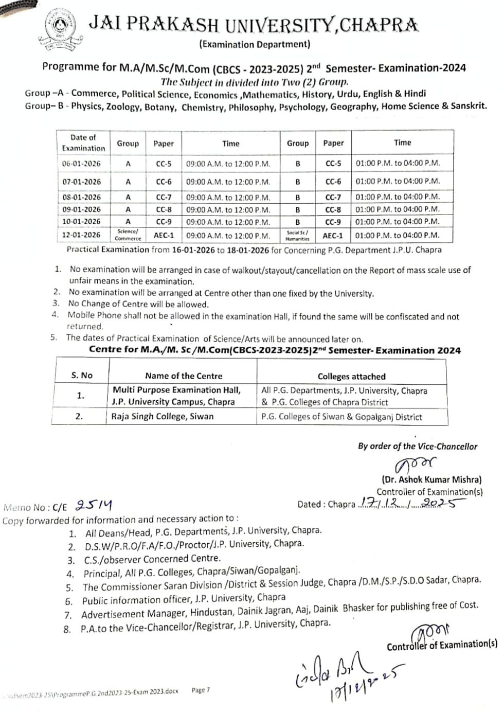 Programme & Centre List of PG-CBCS-Second Semester (Session: 2023-2025) Exam-2024